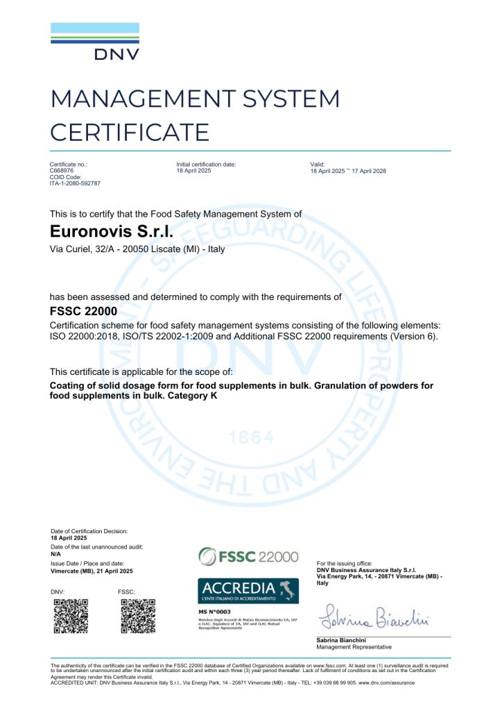 Nutraceutical Manufacturing Certified to FSSC 22000 Standards - Euronovis